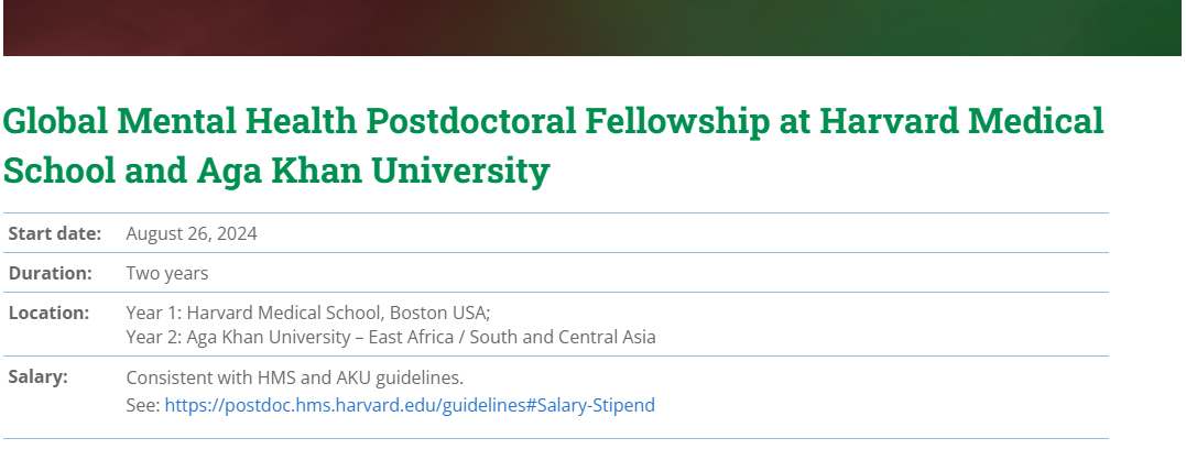 Global Mental Health Postdoctoral Fellowship at Harvard Medical School & Aga Khan University 2025