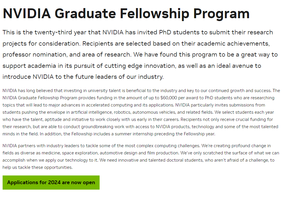 NVIDIA Graduate Fellowship Program 2025 for International PhD students