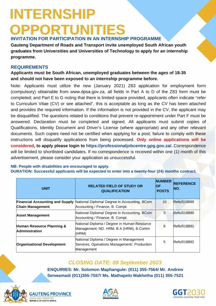 Gauteng Department of Roads and Transport August 2023 Internship
