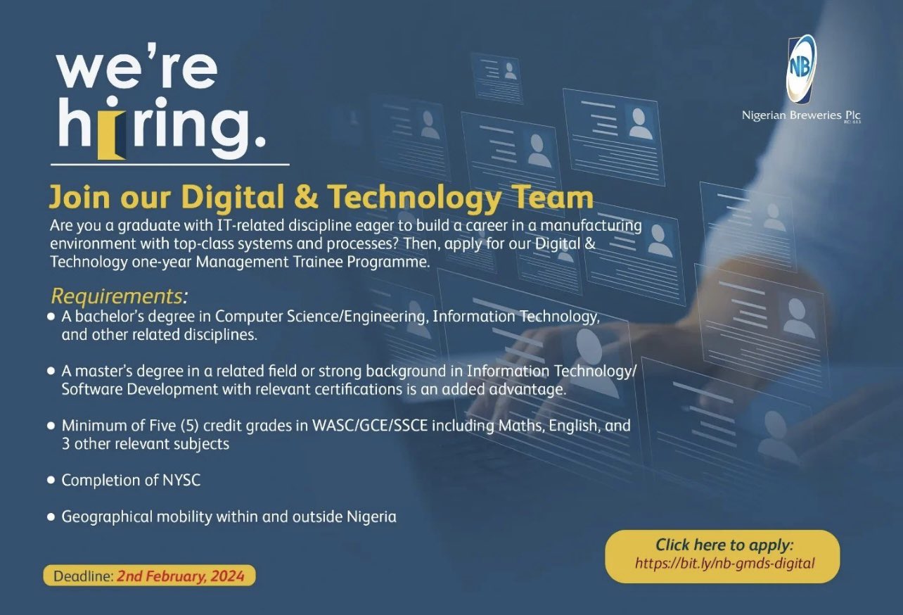 Nigerian Breweries Graduate Management Development Scheme - Digital & Technology 2024