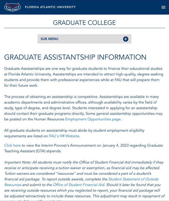 USA: Florida Atlantic University Graduate Assistantship 2024/2025