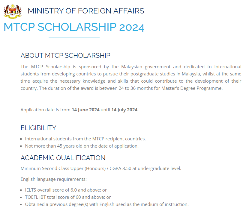 Government of Malaysian Technical Cooperation Programme (MTCP) 2024/2025 Scholarships for ...