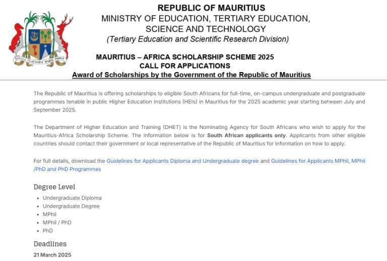 Government of Mauritius Africa Scholarships 2025/2026 for African Students