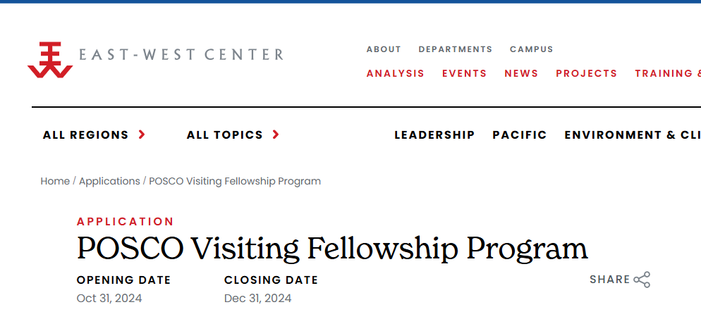 Fully Funded 2025 POSCO Visiting Fellowship Program At The East-West Center, USA For Researchers ...