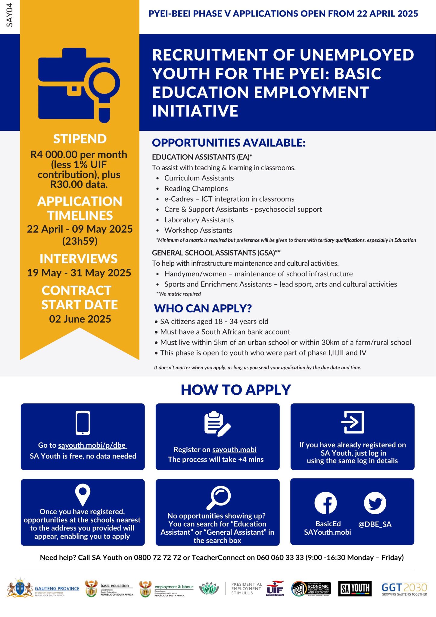 PYEI-BEEI Phase V 2025 Education Assistants (EA) and General School Assistants (GSA) Recruitment