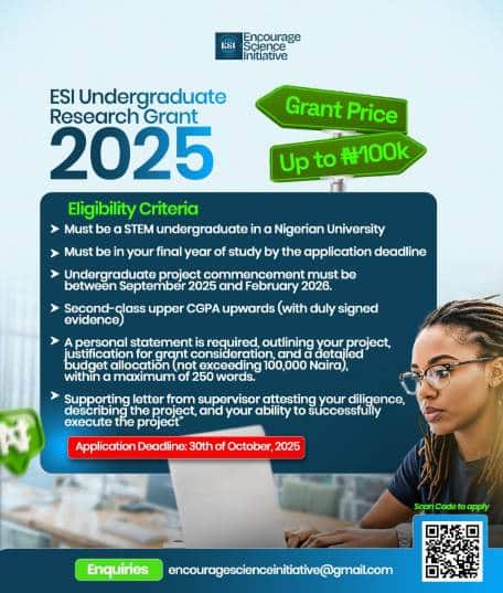 ESI Undergraduate Research Grant 2025 for SETM Students in Nigeria (Up ...