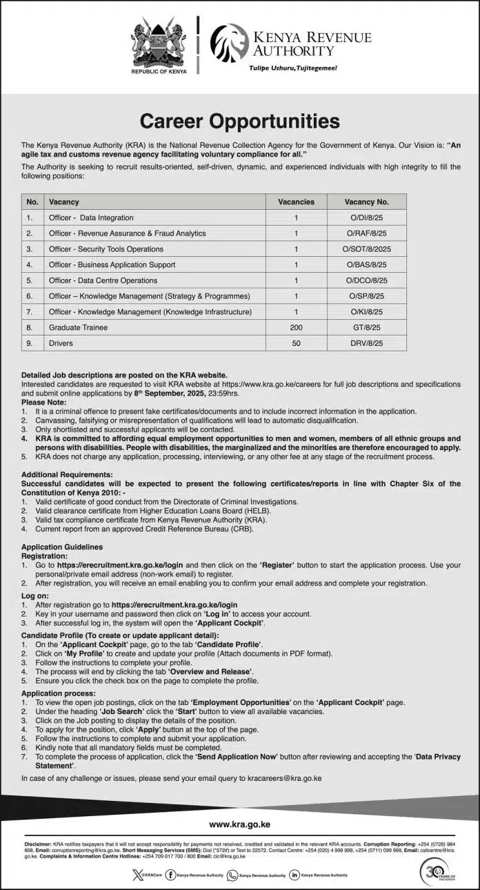 Kenya Revenue Authority KRA Graduate Trainees & Officers Recruitment ...